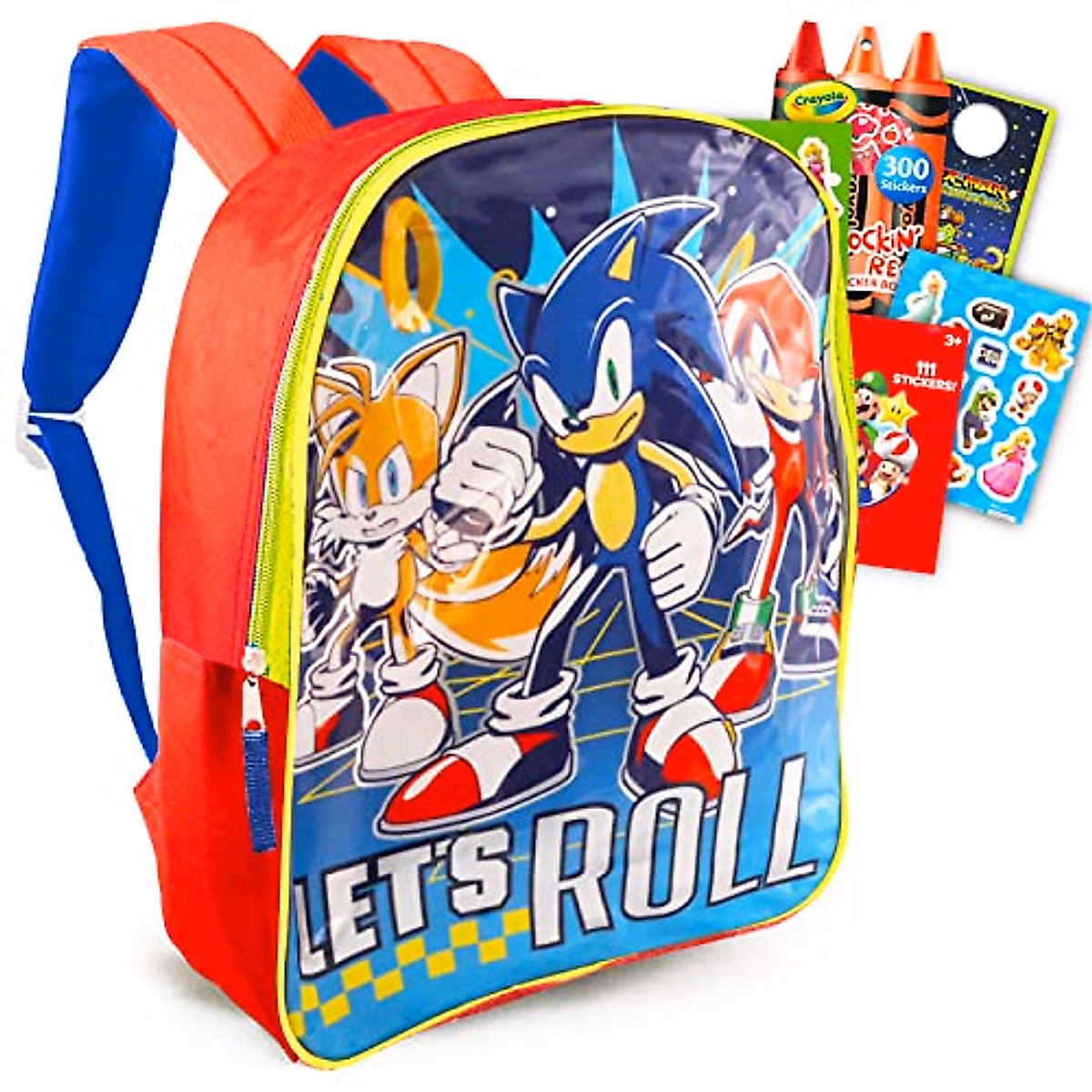 Sonic Toys Sonic the Hedgehog Backpack for Kids - 15'' Sonic Backpack Bundle with Super Mario Stickers, Crayola Stickers, and More (Sonic Backpack for Boys)