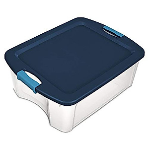 Sterilite 12 Gal Latch and Carry, Stackable Storage Bin with Latching Lid, Plastic Container to Organize Closets, Clear with Blue Lid, 6-Pack