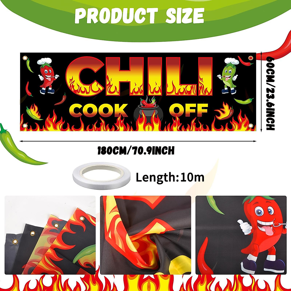 Chili Cook Off Banner Decorations, 71x24 Inch Fabric Chili Banner Sign, Chili Cook Off Supplies, Mexican Fiesta Chili Cooking Party Supplies (180 x 60 cm)