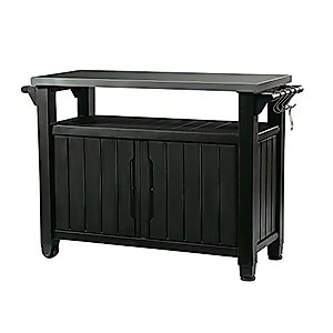 Keter Unity XL Portable Outdoor Table and Storage Cabinet with Hooks for Grill Accessories-Stainless Steel Top for Patio Kitchen Island or Bar Cart, Dark Grey