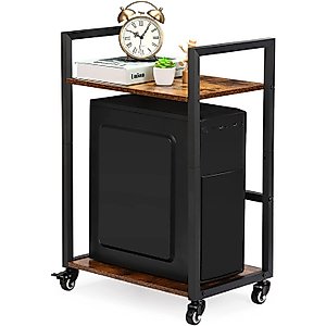 SEHERTIWY 2 Tier Computer Tower Stand, Brown CPU Holder Stand Cart with Rolling Caster Wheels, Mobile PC Tower Stand for Office Home Studio