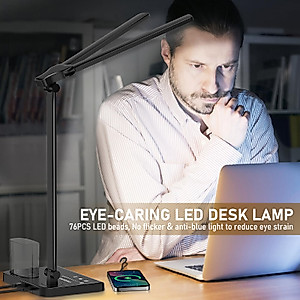 CHARYJOD Dimmable LED Desk Lamp with USB Charging Port, 50 Lighting Modes Dual Swing Arm Architect Table Lamp Light Desk Lamp for Home Office Dorm Piano Nail