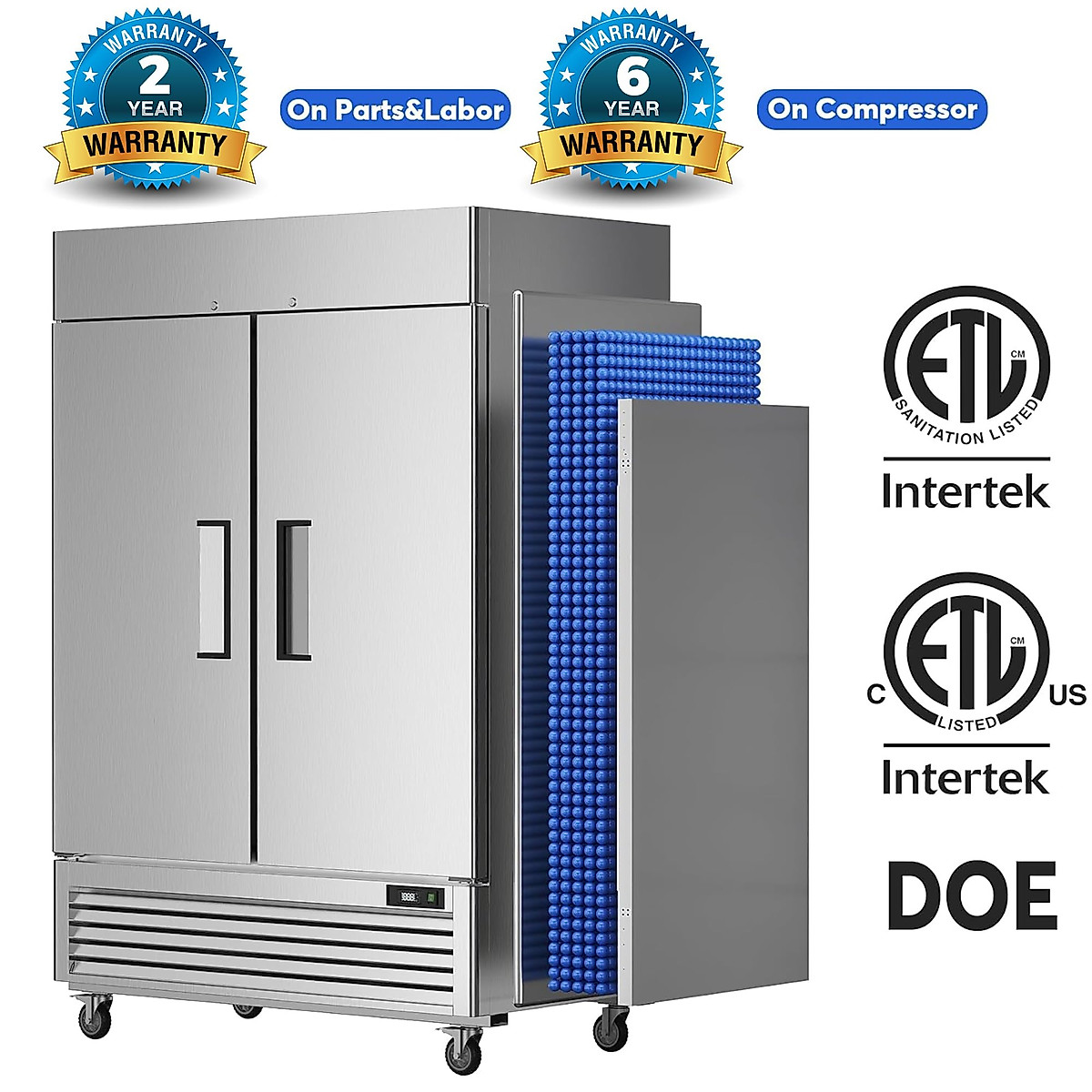 Coolski 54'' W Commercial Refrigerator, Stainless Steel Reach-in Refrigerator with 49 Cu.Ft Capacity/8 Shelves/LED Lighting/33℉~41℉/ETL Approved