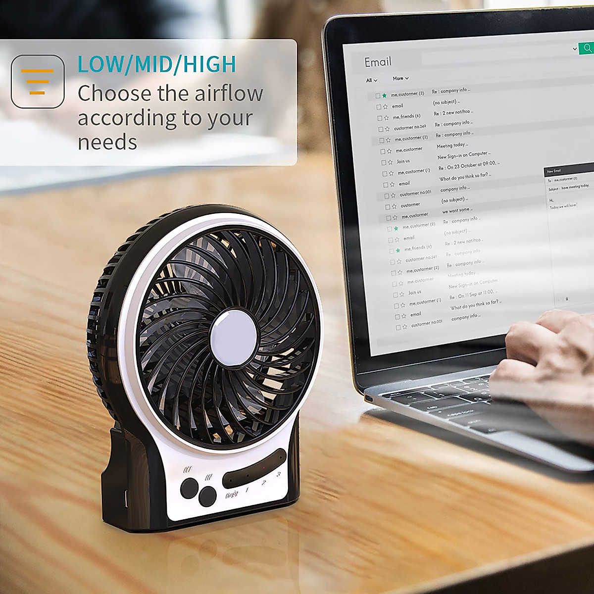 Mini Portable Battery Operated Desk Fan, Rechargeable & USB Powered Handheld Fan with Atmosphere Light & Flashlight, Strong Airflow, 3 Speeds, Small Personal Hand Held Fan for Desktop Camping (Black)