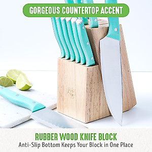 GreenLife High Carbon Stainless Steel 13 Piece Wood Knife Block Set with Chef Steak Knives and more, Comfort Grip Handles, Triple Rivet Cutlery, Turquoise