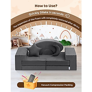 Modular Kids Play Couch, Kidirect K12 PRO DIY 400+ Creative Kids Couch for Playroom, Upgraded Play Couch Convertible Rocking Horse, Sectional Kids Sofa Couch with Star Moon for Kids and Toddlers(Grey)