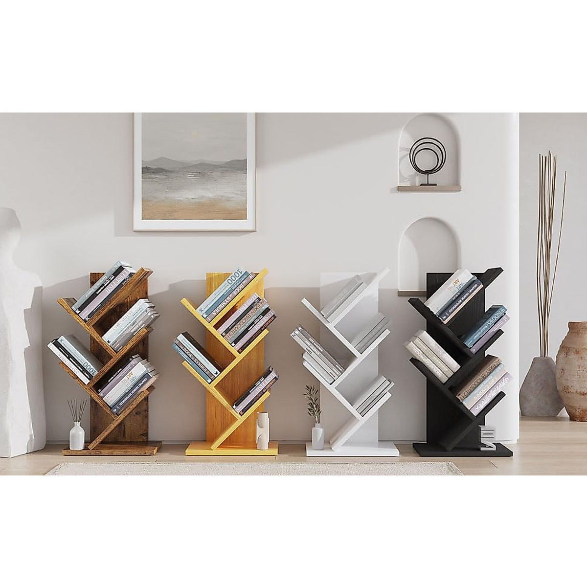 YMYNY 4 Tier Tree Bookshelf, Small Bookcase, Modern Wood Book Storage Rack, Freestanding Book Shelf for Books/Movies/CDs, Narrow Display Rack for Living Room, Home Office, Rustic Brown UHBC014H