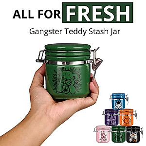 Gangster Teddy Smell Proof Jar Half Oz (250ml), Teddy Bear Stash Jar Air Tight Containers Double Sealed Airtight Jar, Separate Space for Humidity Pack To Keep Herbs, Spices Fresh For Months - Green