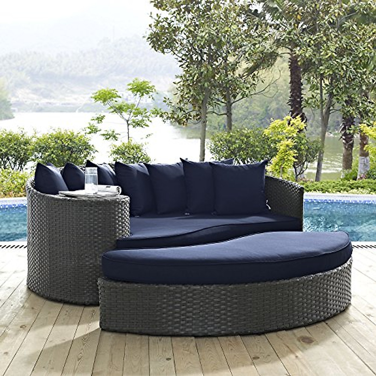 Modway Sojourn Wicker Rattan Outdoor Patio Sunbrella Fabric Daybed in Canvas Navy