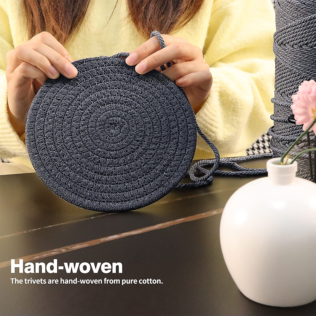 Coomin Trivets for Hot Dishes and Pans, 4Pcs Heat Resistant Pot Holders for Kitchen, 9.5 inch and 7 inch Handmade Woven Potholders, Cotton Pad Mats for Quartz Countertops and Table, Home Decor