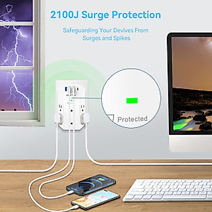 Surge Protector, Outlet Extender with 6 Outlets and 4 USB Ports (1 USB C PD20W), BESTEK 2100 Joules Power Strip 3 Sided Multi Plug Outlet for Wall Mount