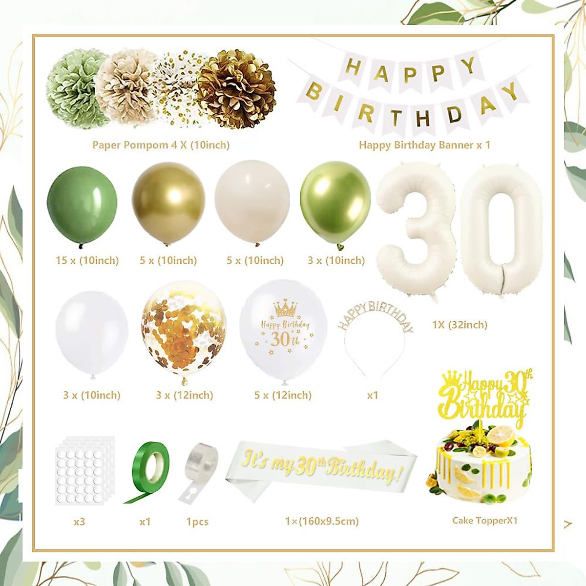 GYESXYW Sage Green 30th Birthday Decorations for Women, Olive Green and Gold 30th Birthday Decorations Set, Happy Birthday Banner, Birthday Sash, Crown, Confetti Balloons for Her Women Party Supplies