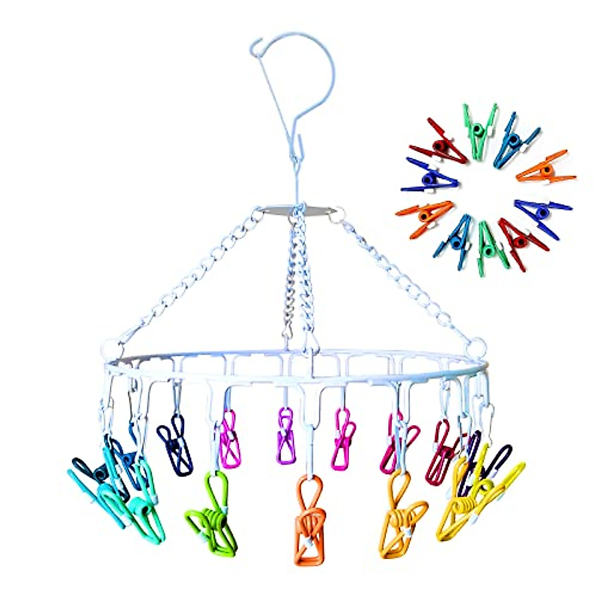 AIKAILI-US Clothes Drying Rack for Socks, Underwear,Bras,Lingerie Baby Clothes etc. Laundry Drying Rack with Windproof Hook Clip and 360 ° Rotation Design (16 Clips+10 DIY Clips,Rainbow Colors)