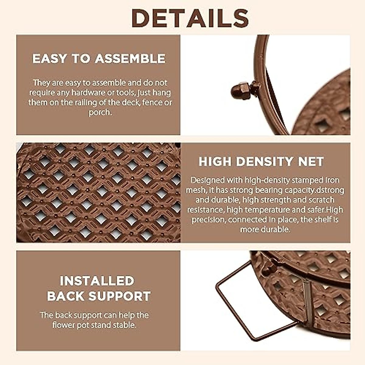 NEISRAI Iron Art Metal Railing Flower Pot Hanging Basket for Indoor Pot Holder Hanger 3 Pack Outdoor Plants Perfect for Porches and Patio Decor (Champagne)