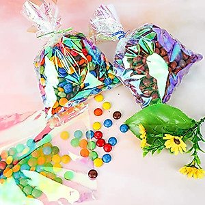 120pcs Cellophane Treat Bags, Iridescent Holographic Cellophane Bags 6x9 inch, Qpout Iridescent Holographic Cellophane Goodie Candy Cookie Bags, Iridescent Holographic Cellophane Party Favor Treat Bag