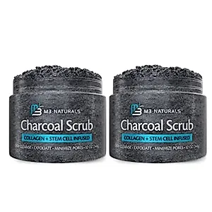 Charcoal Scrub Face Foot & Body Exfoliator Infused with Collagen and Stem Cell Exfoliating Salt Body Scrub for Toning Skin Cellulite Skin Care Body by M3 Naturals Pack of 2
