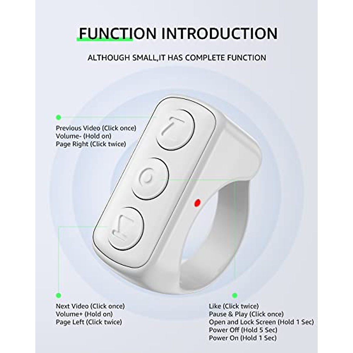 TIK Tok Bluetooth Remote Control Wireless Page Turner Tiktok Scrolling Control Rechargeable with Ring Design for iPhone Android Ipad Cell Phone (White)