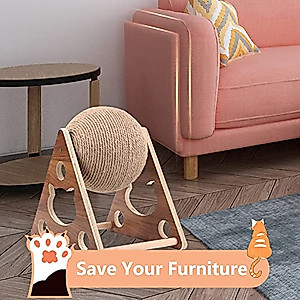 Cat Scratcher Toy,Natural Sisal Rope Cat Scratching Ball Scratcher Toy with Ball for Cats& Kittens&Dogs&Puppy, Interactive Solid Wood Scratcher Pet Toy (Medium)