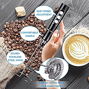 Milk Frother Handheld, Rechargable Coffee Foam Maker with Stand & 2 Whisks, Wanderland 3 Speeds Electric Coffee Mixer for Coffee, Lattes, Cappuccino, Matcha, Hot Chocolate (Black）