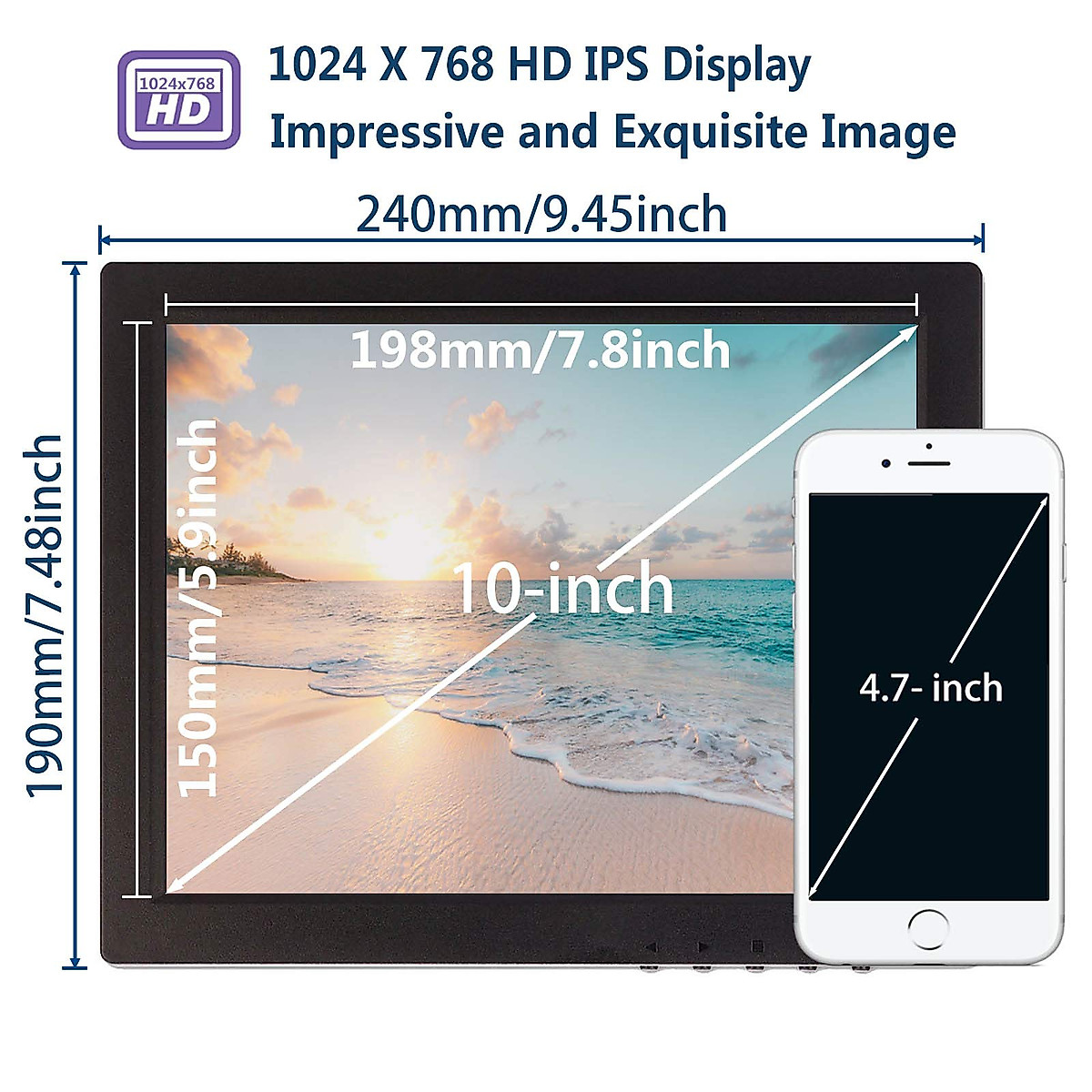 TPEKKA 10 Inch Security CCTV Monitor HD IPS 1024 x 768 Portable Mini TFT LCD Monitor BNC HDMI VGA AV Input for Computer PC FPV Screen DVR CCTV Cam Home Office Surveillance Raspberry Pi Gaming Display