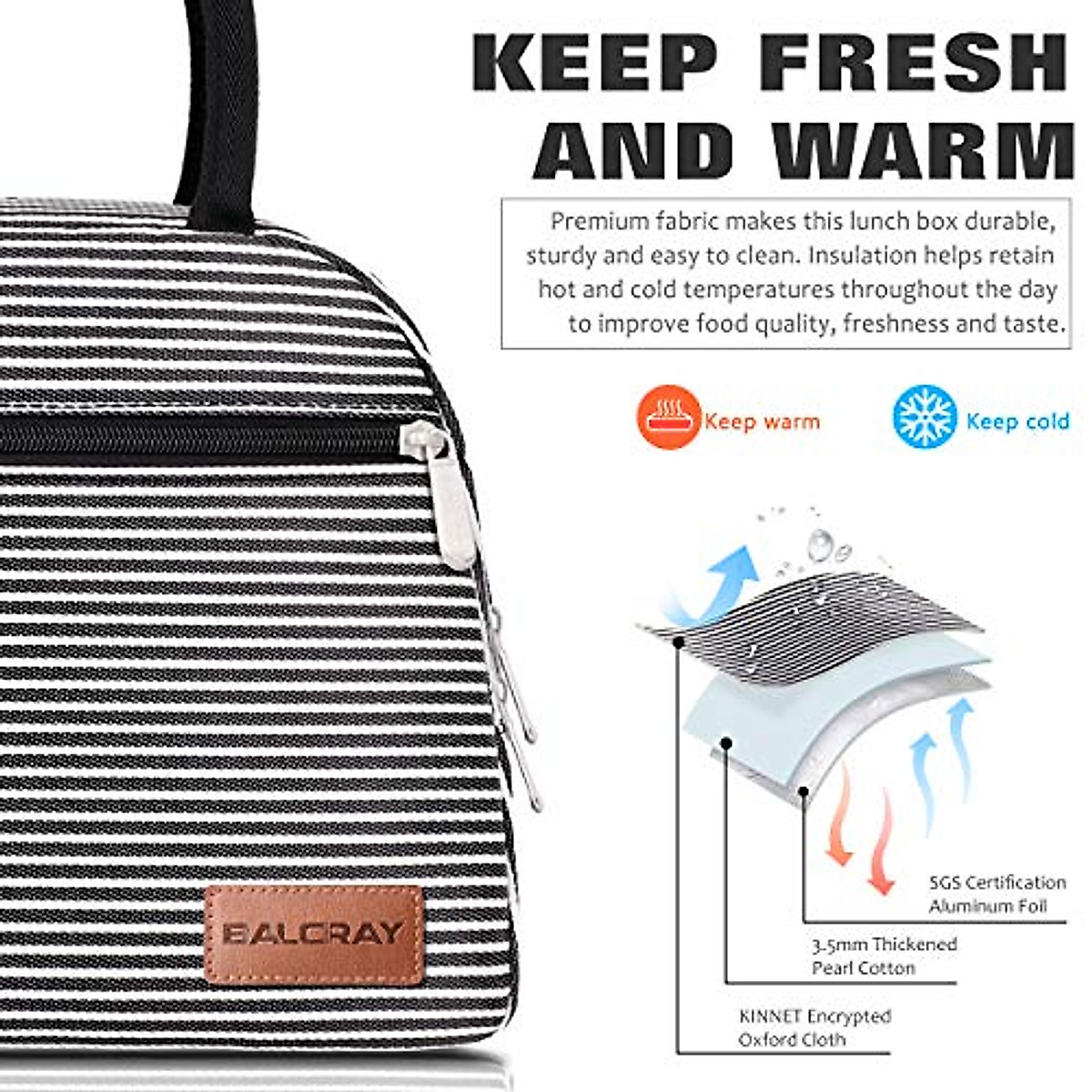 BALORAY Lunch Bags for Women Lunch Tote Cooler Bag with 2 Side Pocket Leak-proof Liner Insulated Lunch Box Lunch Bags for women/Picnic/Boating/Beach/Fishing/Work