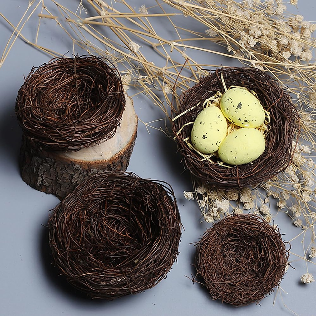 Artificial Bird Nest, Bird Nest with Artificial Bird Eggs, Country Style Simulation Twig Bird Nest for Handmade Easter Rattan Nest Creative Decoration for Home Garden(10~12 cm)