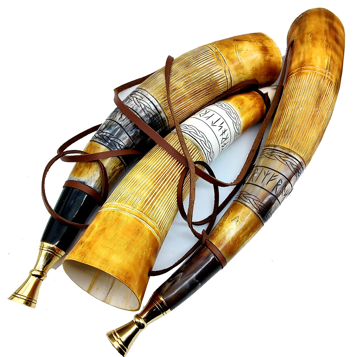 Viking War Horn Genuine Ox-Horn Battle Trumpet - Premium Hand Engraved Horn Viking Norse Cattle Ancient Horn Bugle Hunting Tool BATTLE HORN BLOWING HORN VIKING BUGLE HORN & Brass With Wooden Stand 16"