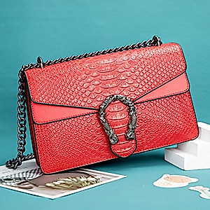 GLOD JORLEE Trendy Chain Crossbody Bags For Women - Luxury Snake Printed Leather Shoulder Satchel Bag Evening Clutch Purse handbags (001-red)