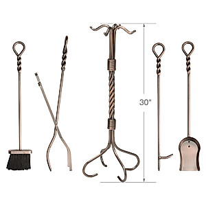 Uniflame, F-1311, 5-Piece Antique Copper Fireplace Tools Set with Ring Swirl Handles
