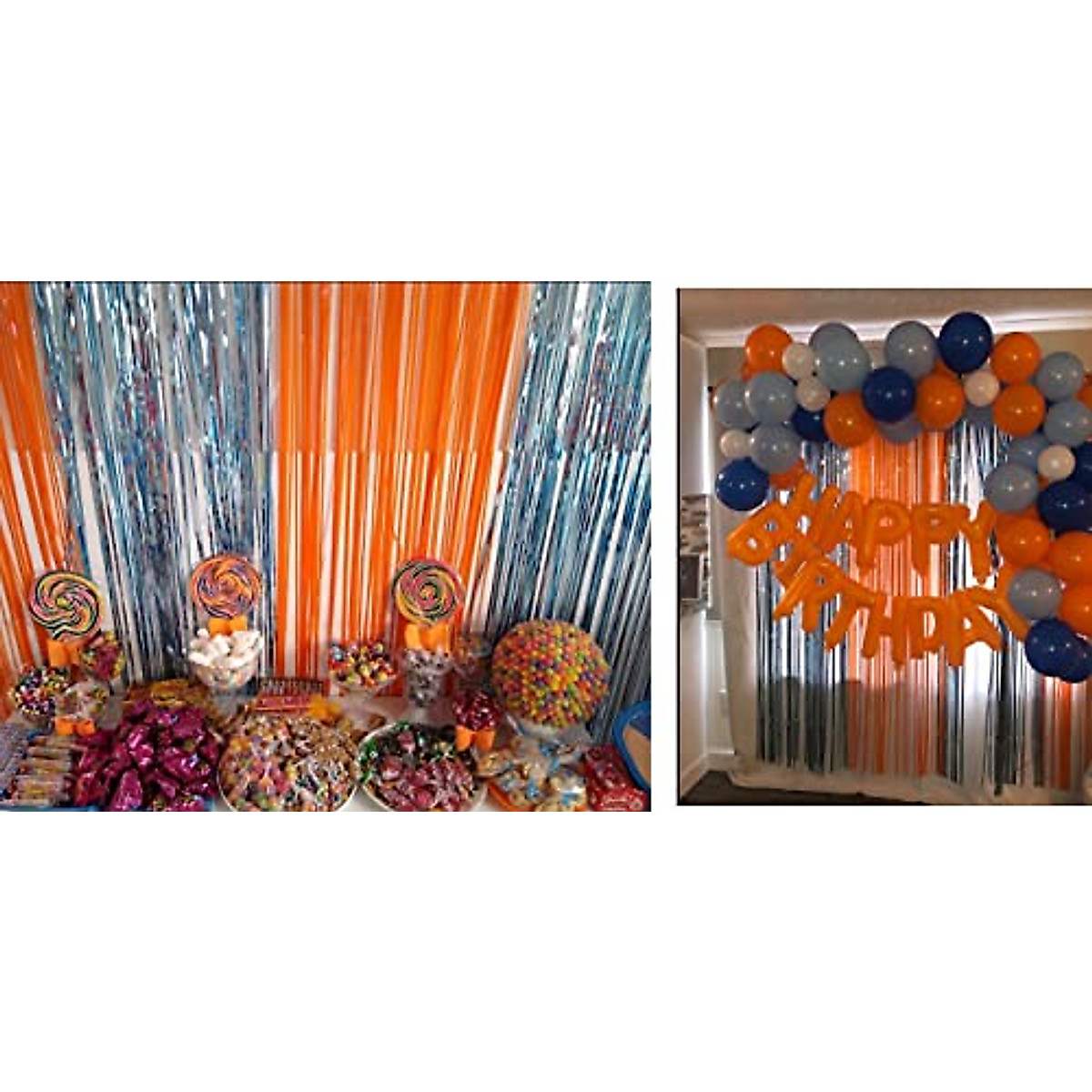2 Pack Foil Metallic Fringe Curtains for Party Decorations Blue Orange Curtain Backdrop for 3 4 5 Years Old Boys Girls
