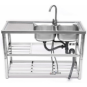 Double Bowl Kitchen Sink Set, Free Standing Double Bowl Kitchen Sinks Utility Restaurant Kitchen Sink for Restaurant, Kitchen, Garage
