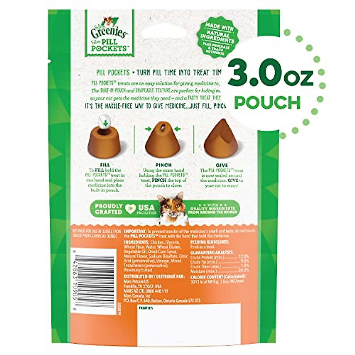 FELINE GREENIES PILL POCKETS for Cats Natural Soft Cat Treats, Chicken Flavor, 3 oz. Pack (85 Treats)