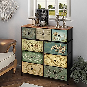 Tohomeor Dresser with Drawers for Bedroom Chest of Drawers Fabric Dresser for Closet,Nursery Entryway Hall Tree TV Stand for Living Room Retro Floral Pattern Drawers Wooden Top (9 Drawers)