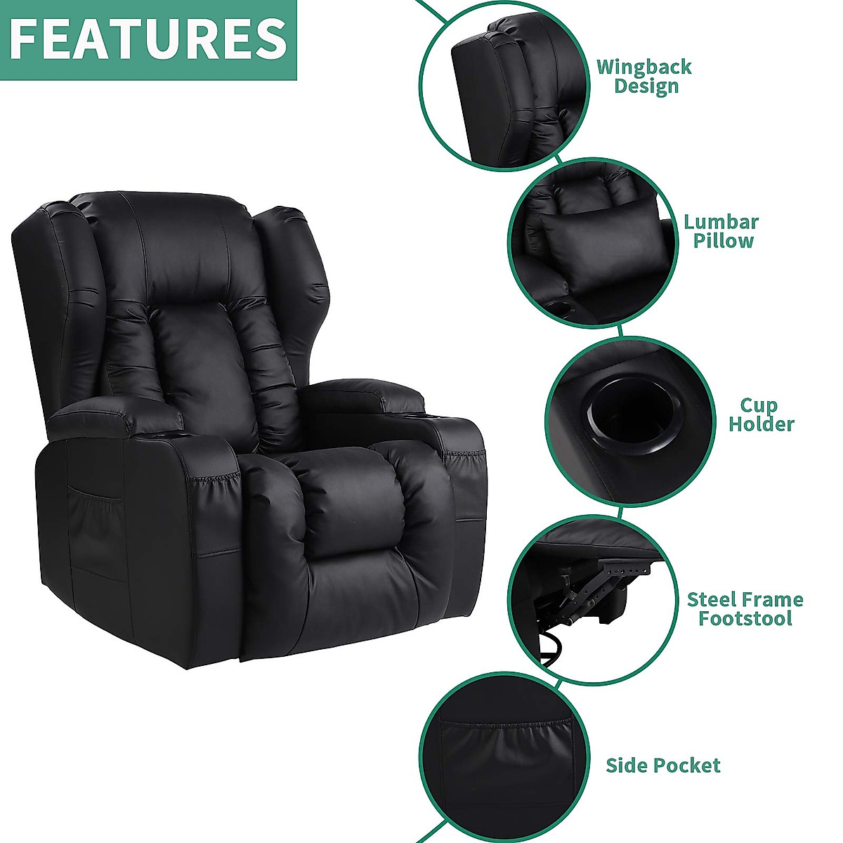 URRED Nursery Rocking Chair Glider, Swivel Rocker Recliner Chairs, Glider Rocker Nursery Recliner with Cup Holders, Side Pockets, Manual Recliner, Faux Leather (Black)