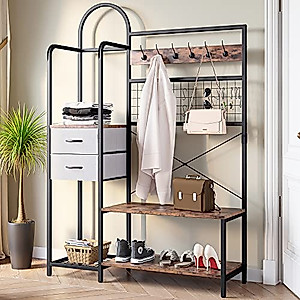 YITAHOME Entryway Hall Tree with 16 Metal Hooks, Coat Rack Stand with Side Shelves, Industrial Coat Rack Shoe Bench with 2 Foldable Drawer, Gray, 70" High