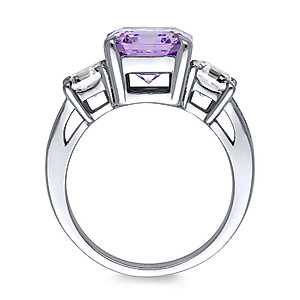 BERRICLE Sterling Silver 3-Stone Wedding Engagement Rings Purple Asscher Cut Cubic Zirconia CZ Statement Cocktail Anniversary Ring for Women, Rhodium Plated Size 8