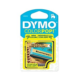 DYMO COLORPOP Authentic Label Maker Tape, 1/2" W x 10' L, Black Print on Gold Glitter, D1 Standard