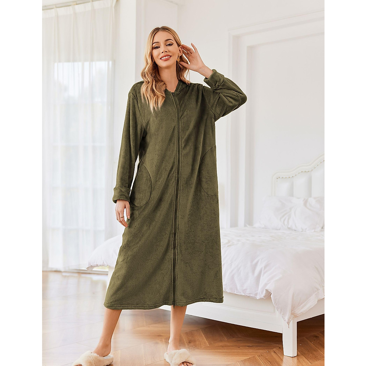 Ekouaer Womens Long Zipper Robes Casual Luxury Fleece Robes Winter Soft Comfy Sleep Robe Army Green L