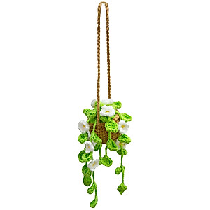 Car Mirror Hanging Accessories ， Car Rearview Mirror Decor，Cute Crochet Orchid Hanging Ornament for Women, Pendant Plant for Gift-Handmade Knitted(White Flowers)