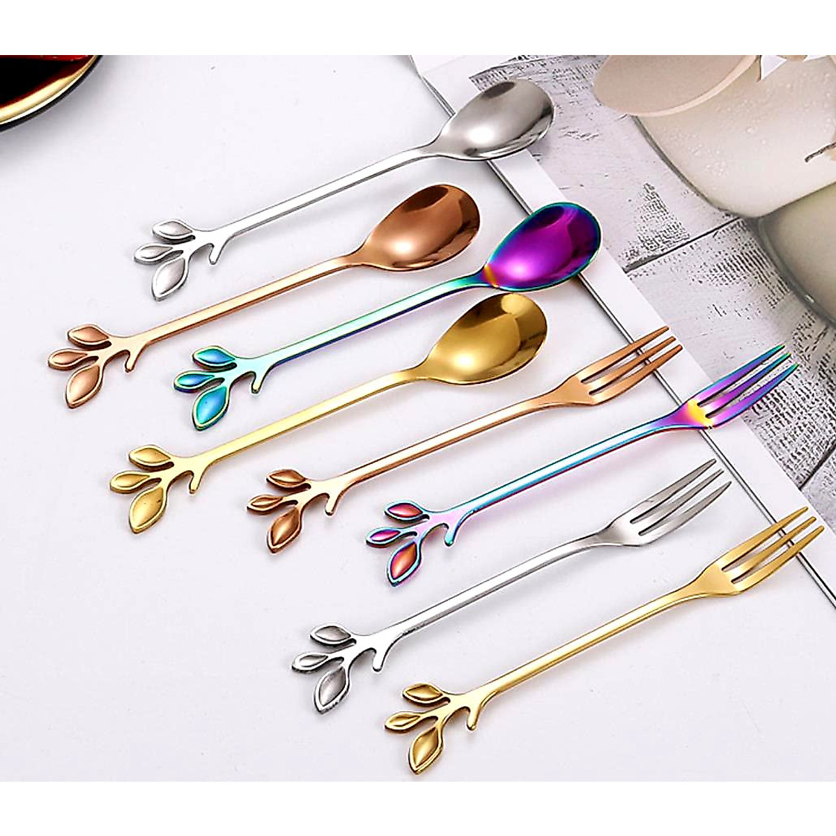 Anller 16 Pieces Stainless Steel Coffee Spoons Dessert Forks, Set of 8 Spoons 8 Forks, Rainbow