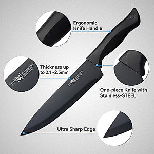 HUNTER Knife Set, Dishwasher Safe Kitchen Knife Set with Block, 24 Pcs Black Kitchen Knife Sets with Block Self Sharpening, 6 Steak Knives, Black