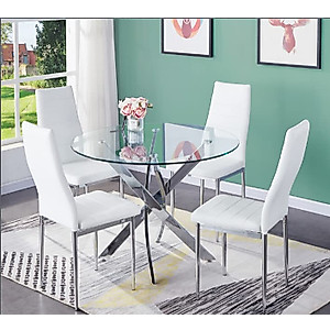 NIERN Round Tempered Glass Dining Table Set for 4, 5-Piece Modern Kitchen Table Set with 4 High-Back Upholstered Chairs for Kitchen Dining Room (Silver Table with White Chairs)