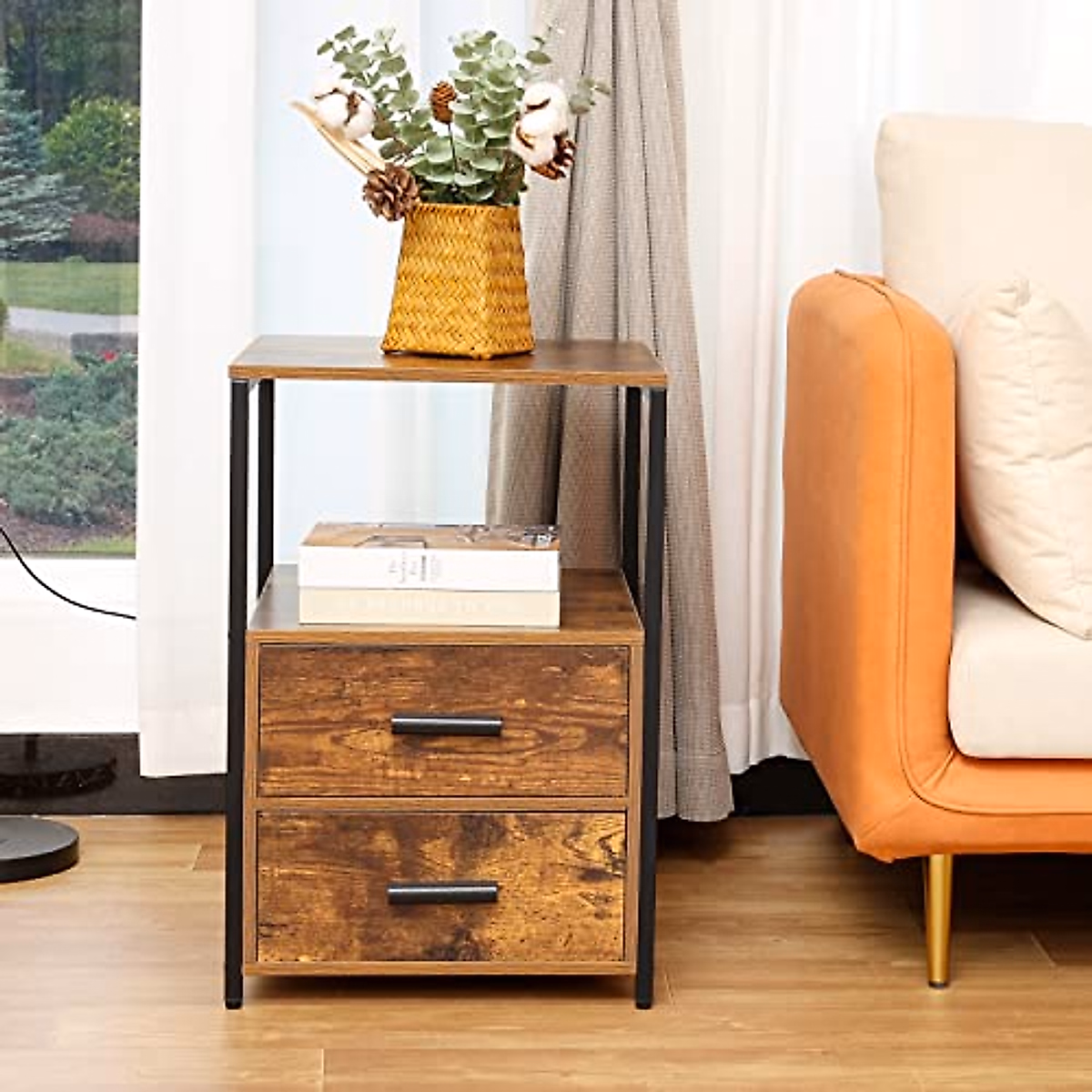 usikey Nightstand Set of 2, Industrial End Table with 2 Drawers & Open Shlef, Side Table with Sturdy Black Metal Frame, Modern Beside Table for Bedroom, Living Room, Home, Small Space, Rustic Brown