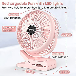ANKACEPERSONAL 10000mAh Portable Fan Rechargeable, Battery Operated Desk Fan Clip on Fan with LED Light, 3 Modes 360° Rotation Personal USB Small Fan Outdoor Camping Golf Cart Indoor GymOffice, pink