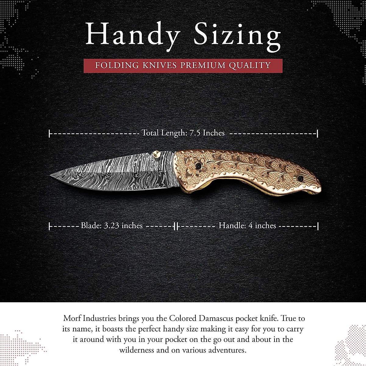 Morf Steelware Personalized Sheath 7.5 inch Hand Forged Copper Handle Damascus Pocket Knife for Men, Camping & Hunting Folding Knife, Handmade Damascus Steel Hunting Knife