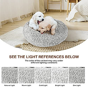CAPSCEOLL Calming Dog Cat Bed Round Donut Dog Bed Warming Fluffy 20 Inches Anti-Anxiety Bed for Small Medium Dogs and Cats with Non-Slip Bottom,Grey