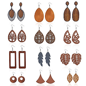 Sailimue 12 Pairs Wood Earrings for Women Natural Wooden Earrings Geometric Lightweight Drop Dangle Earrings Ethnic Style Statement Earrings