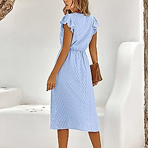Sun Dress, Long Sleeve Tight Dress Spring Dresses for Women Casual Summer Dress Women's Solid Color V-Neck Ruffle Waist-Skimming Dress A Wedding Women's Maxi Dresses T Shirt Dress (L, Blue)