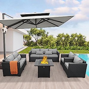 Patio Furniture Sectional Sofa 5-Piece 50000 BTU Propane Gas Fire Pit Outdoor Wicker Furniture Set Square Steel Pit Table Grille Tabletop with No-Slip Cushions Furniture Covers, Light Grey