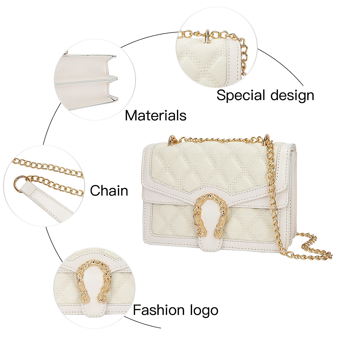 DEEPMEOW Womens Quilted Crossbody Shoulder Purse - Fashion Denim Handbag with Chain Strap Casual Mini Square Messenger Bag（White）